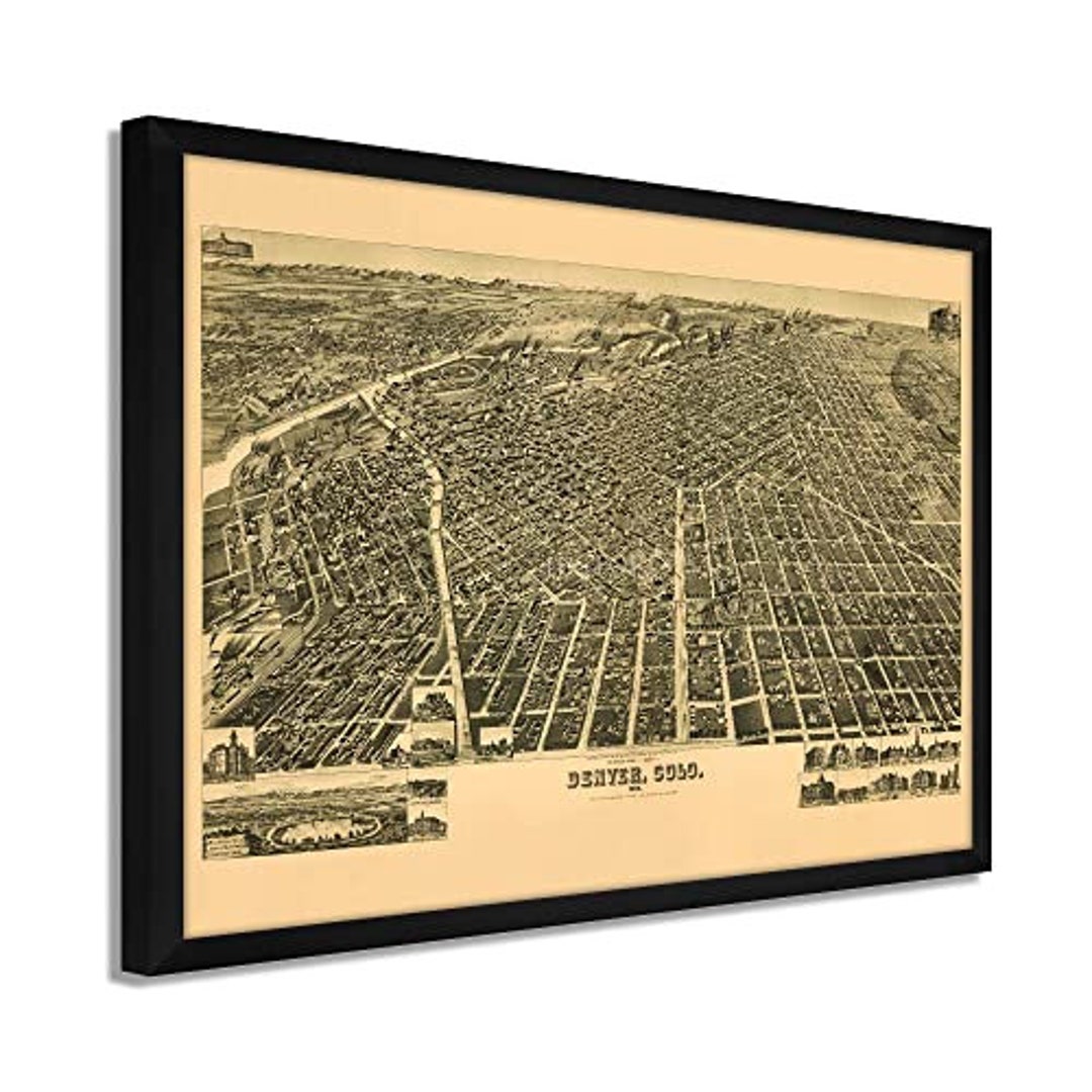 1889 Map of Denver Colorado - Framed Vintage Denver Wall Map- City of ...