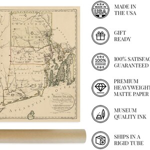 1797 Rhode Island Map - Vintage Map of Rhode Island Wall Art Decor ...