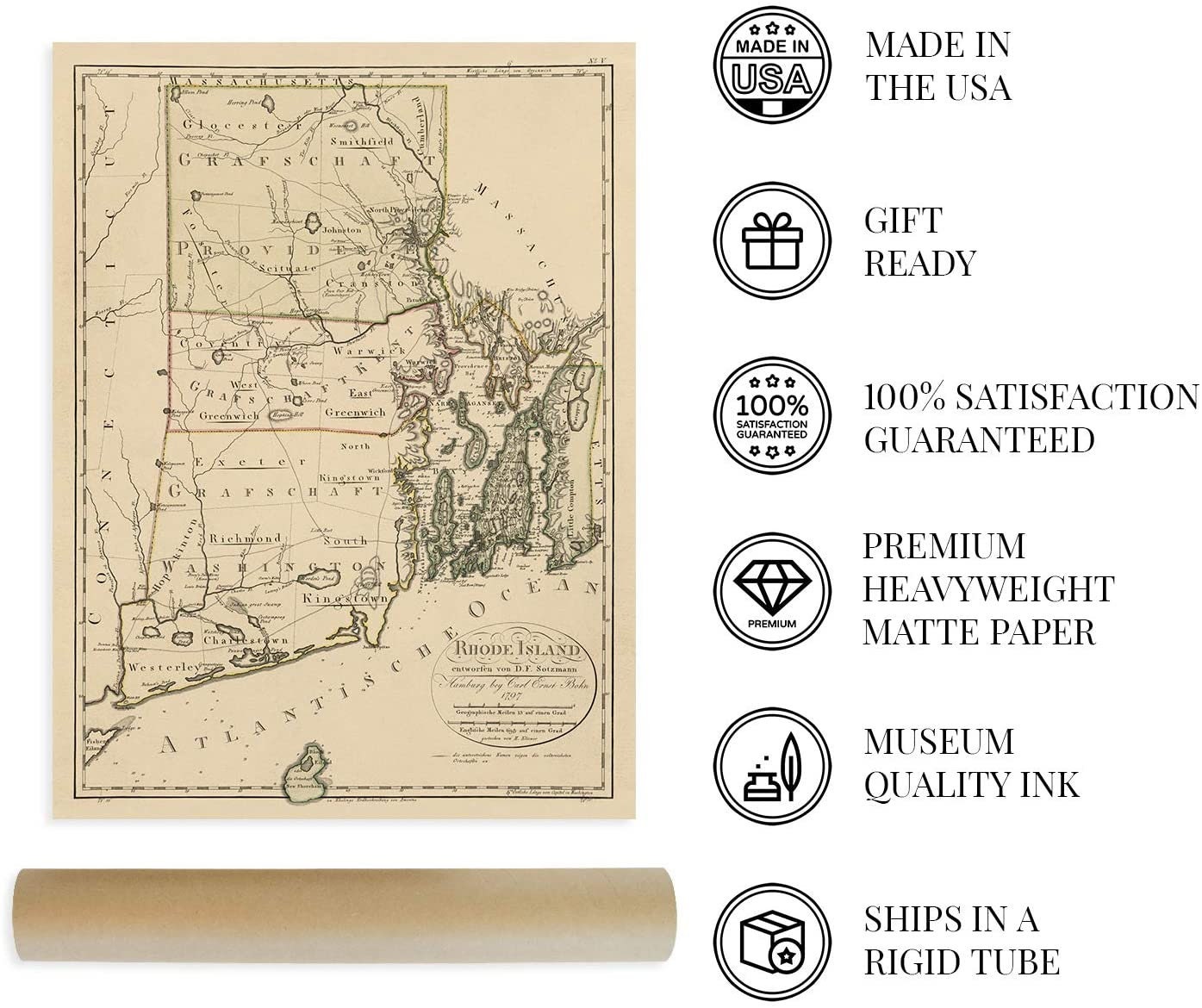 1797 Rhode Island Map - Vintage Map of Rhode Island Wall Art Decor ...