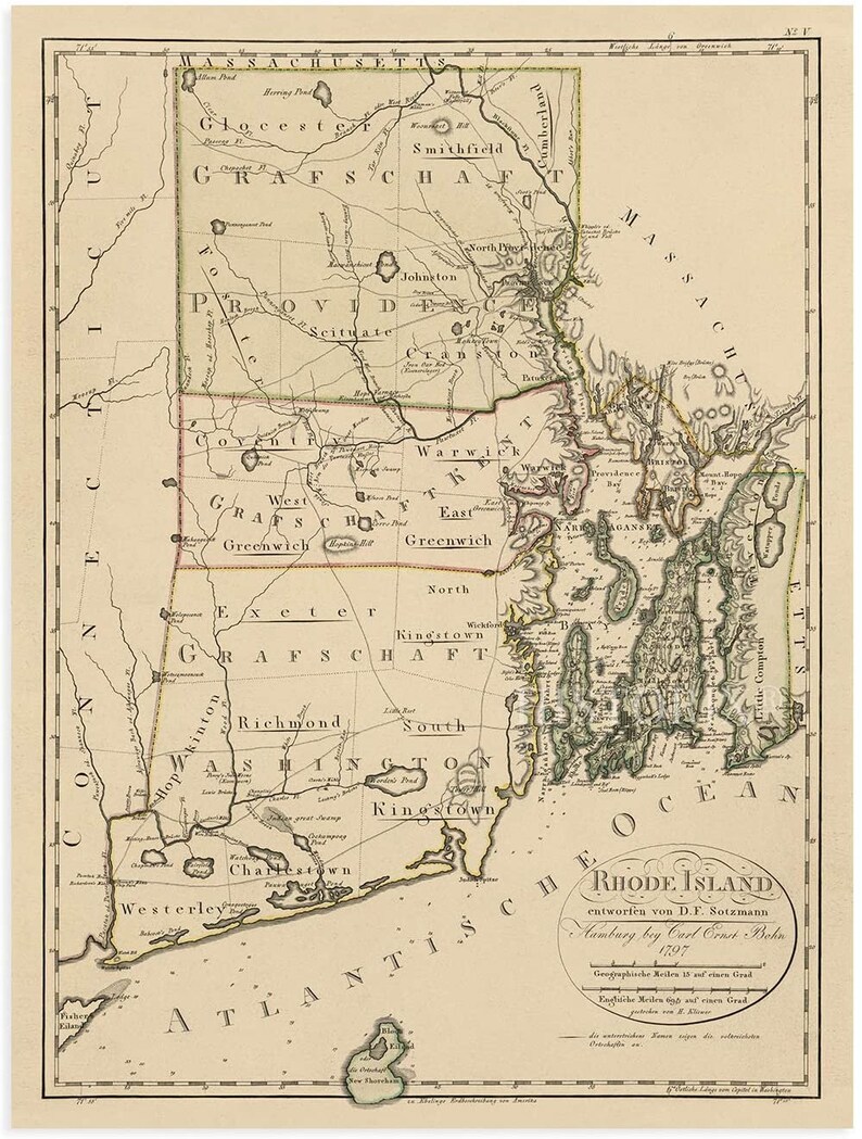 1797 Rhode Island Map Vintage Map of Rhode Island Wall Art Decor Old ...