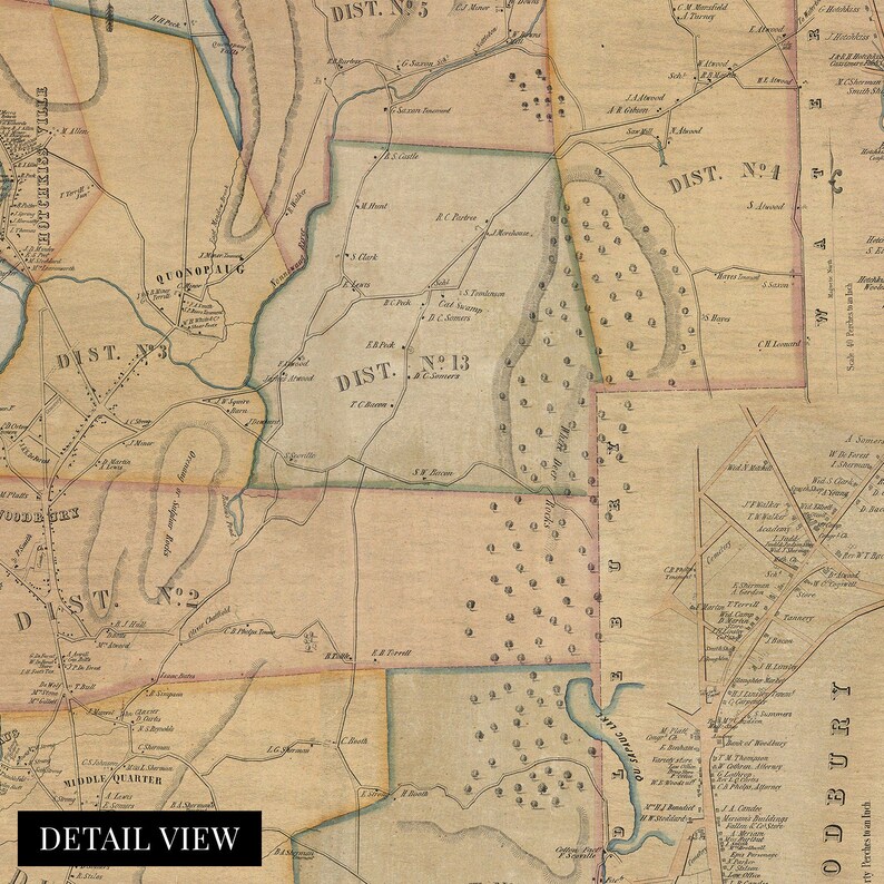 1853 Woodbury Town Map Old Wall Map of Litchfield County, Connecticut ...