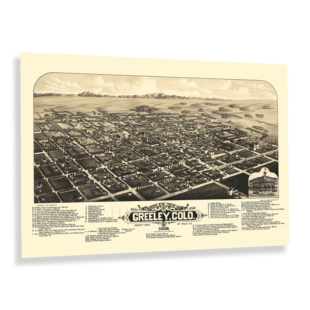 1882 Greeley Colorado Map Print - Bird's Eye View of Greeley Weld ...