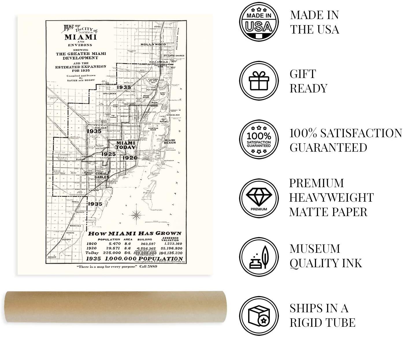 1925 Miami Map Poster - Vintage Map of Miami Florida - Map of the City ...