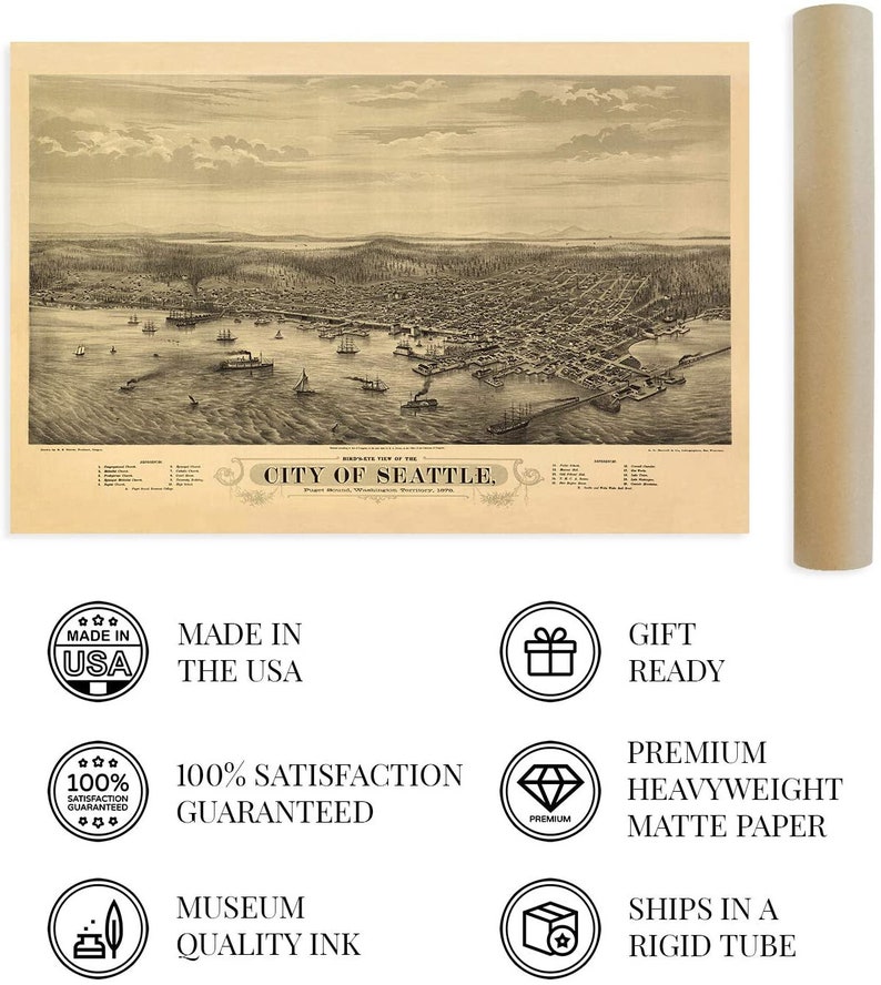 1878 Seattle Washington Poster Vintage Map of Seattle Wall Art ...