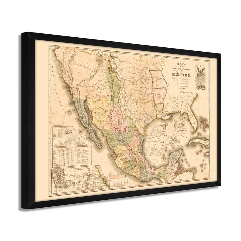 1847 Mexico Map Framed Vintage Mexico Wall Map History Map of Mexico ...