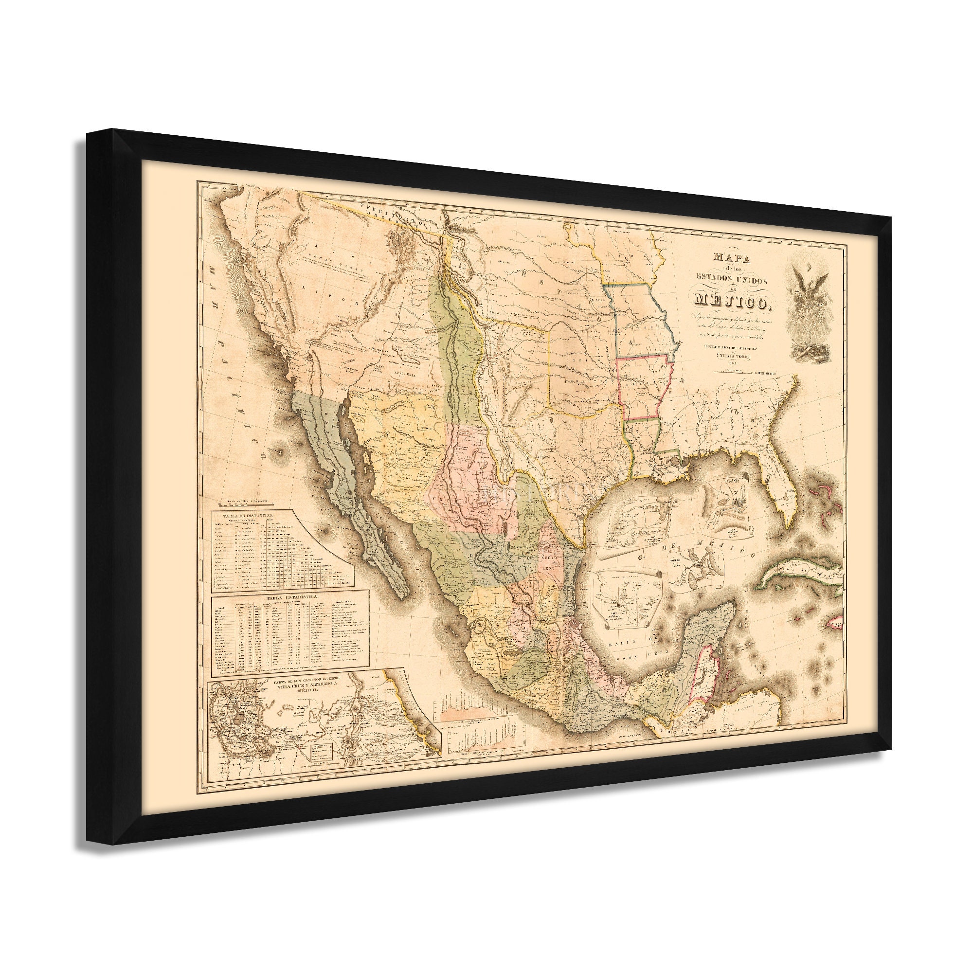 1847 Mexico Map Framed Vintage Mexico Wall Map History Map of Mexico ...