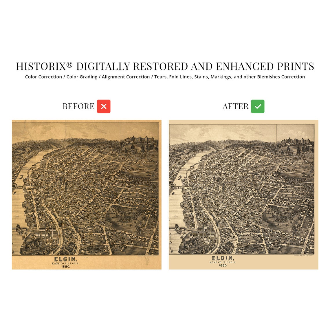 1880 Elgin Illinois Map Poster - History Map of Elgin Illinois Wall Art ...