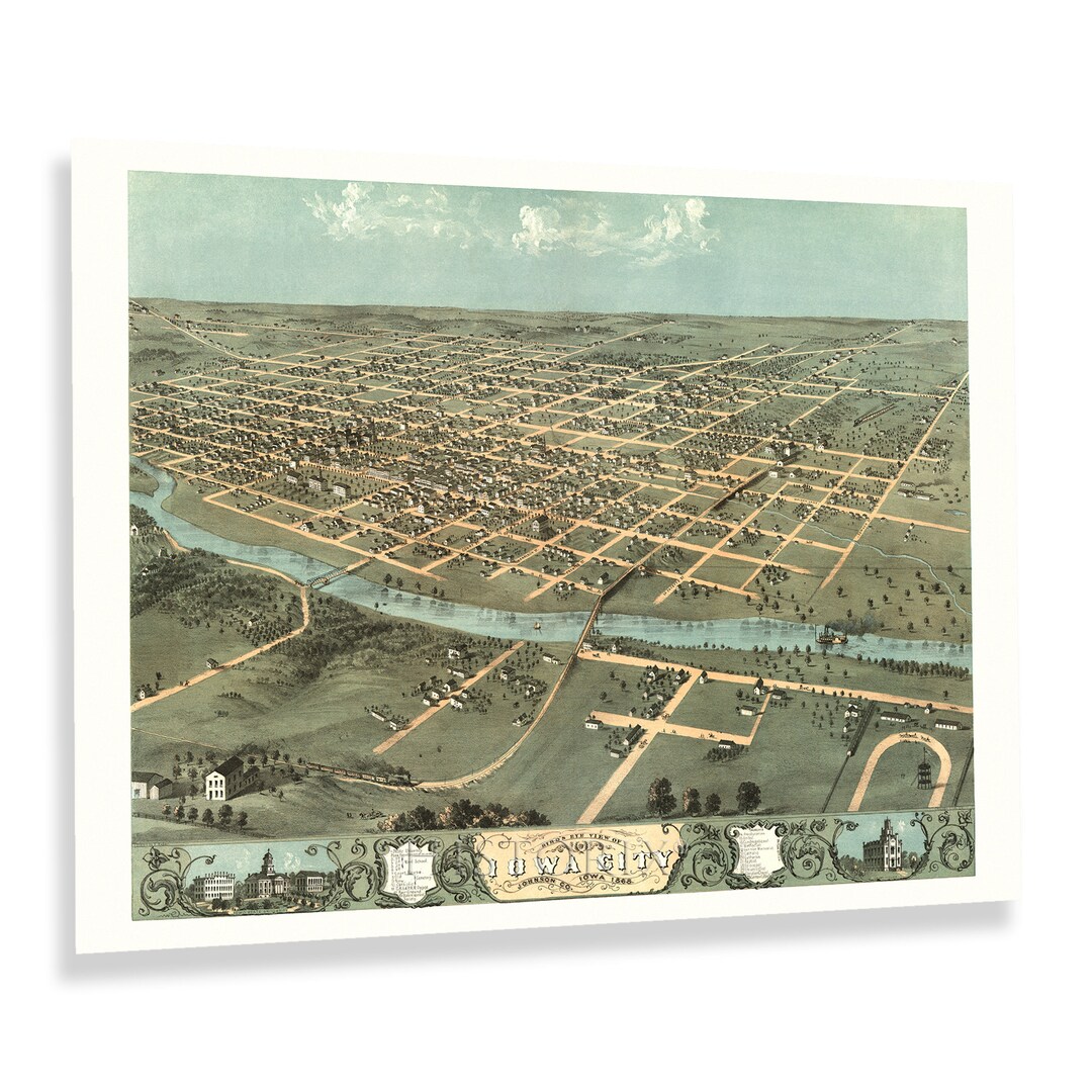1868 Iowa City Map - Bird's Eye View History Map of Iowa Poster - Old ...