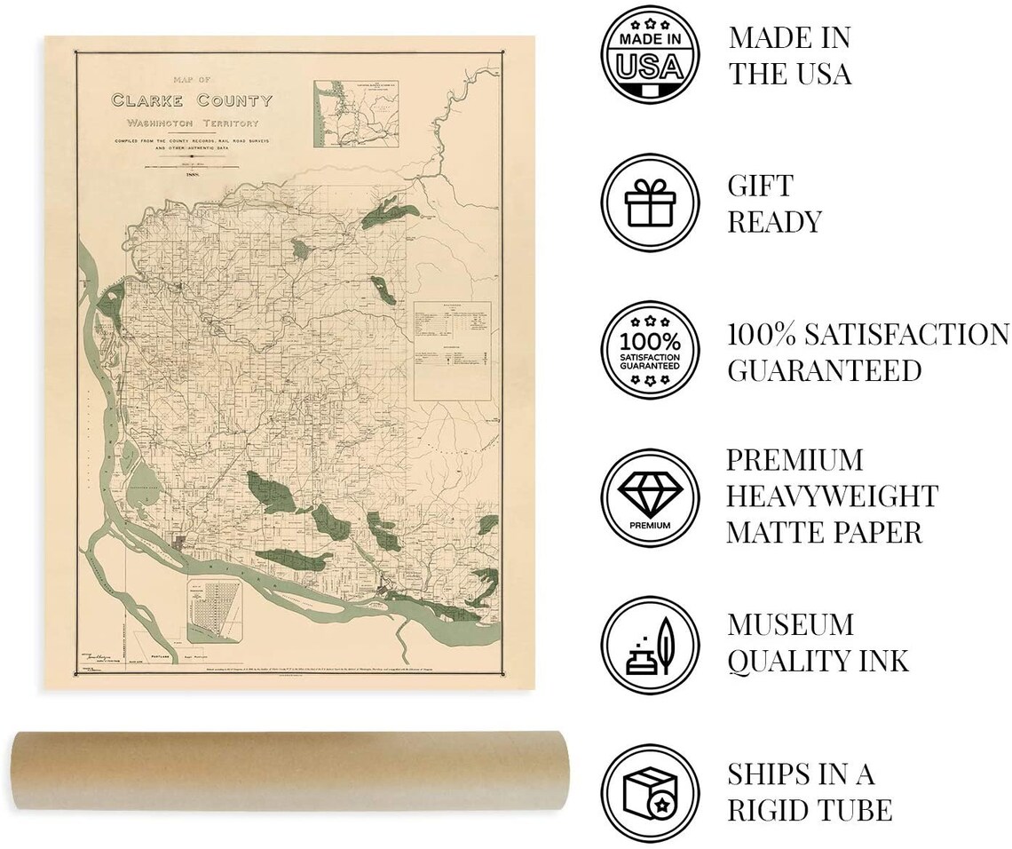 1888 Clark County Washington Map Poster - Vintage Vancouver Washington ...