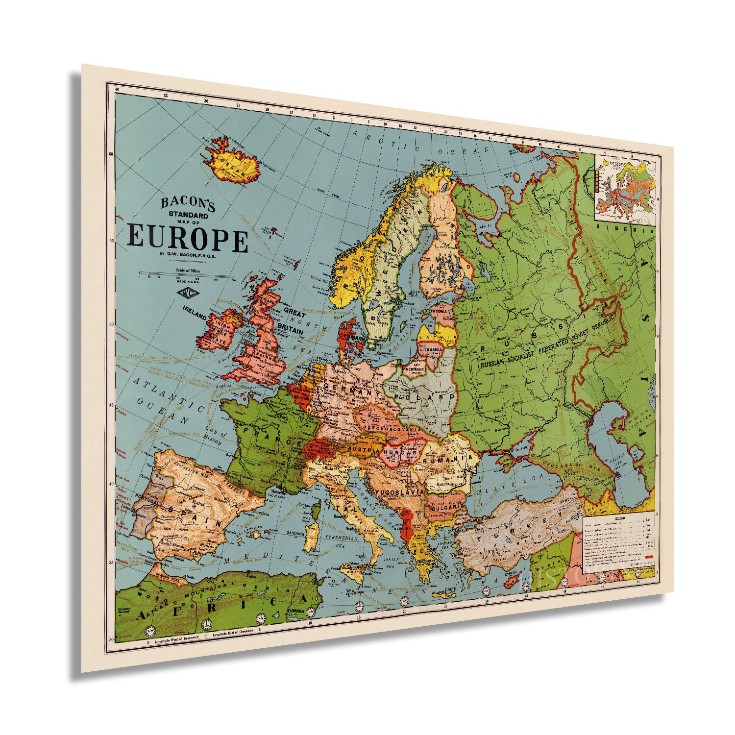 1925 Map of Europe - Vintage Map Europe Wall Art - Bacon's Standard Map ...
