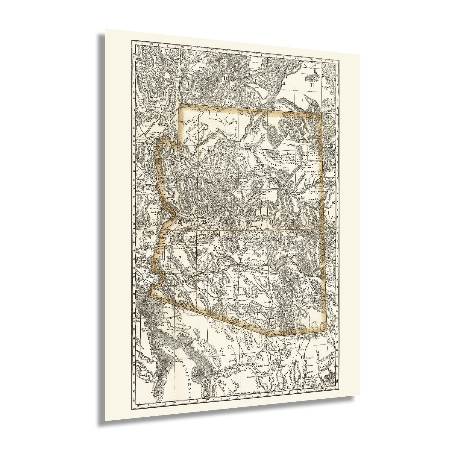 1876 Arizona Map Poster - Old Map of Arizona Wall Art - Vintage Arizona ...