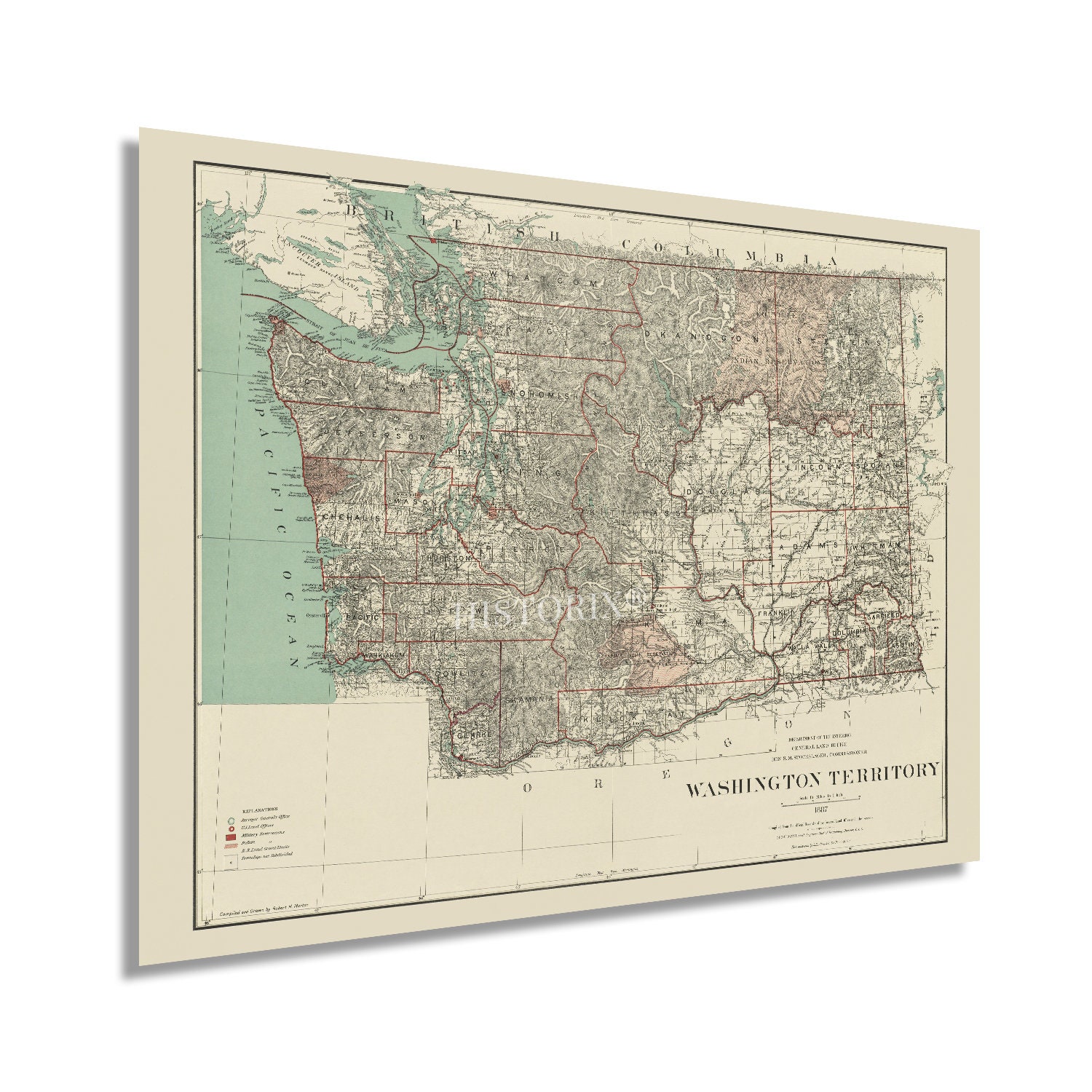 1887 Washington Territory Map Vintage Washington State Map Poster ...