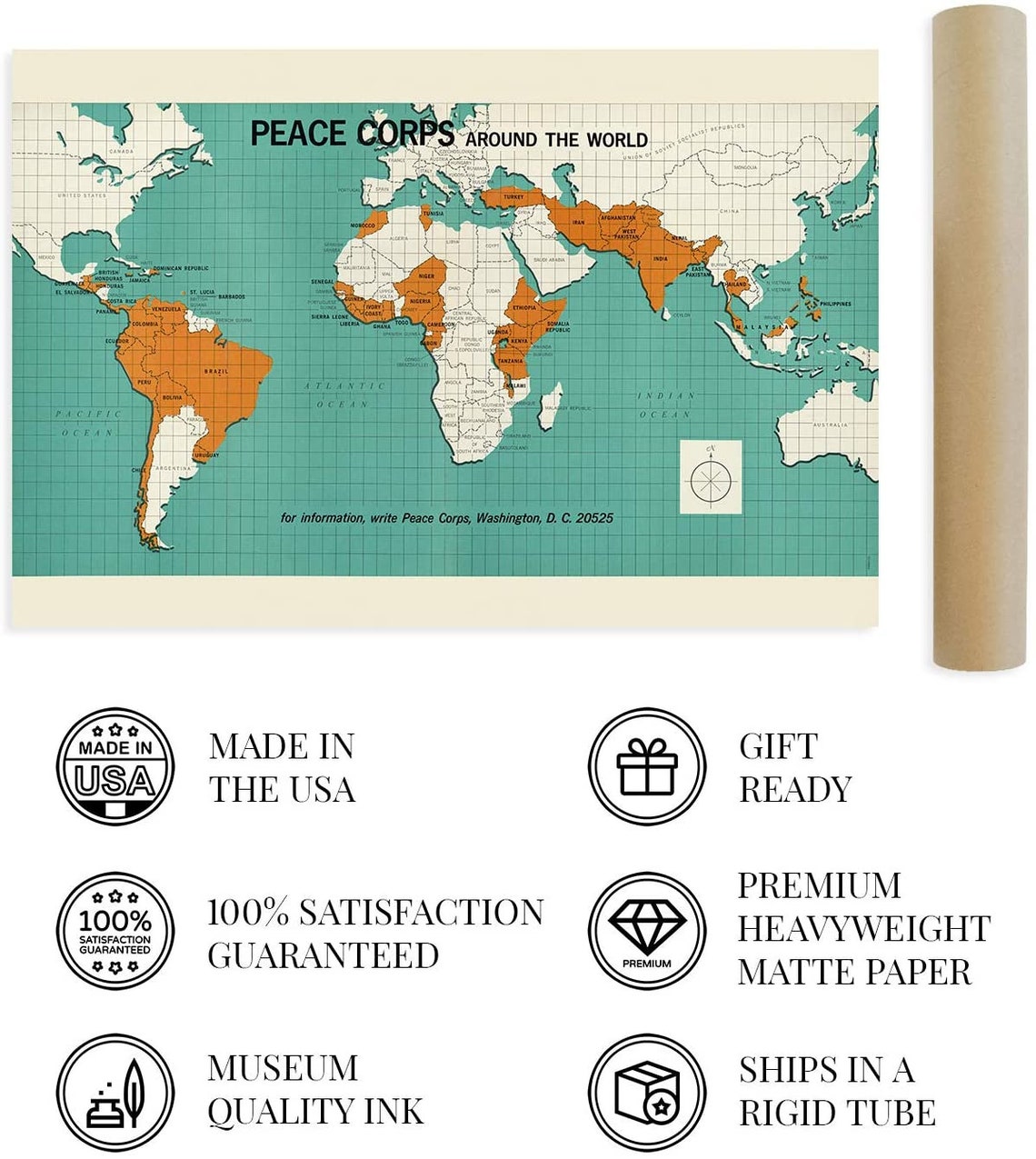 1966 Map of Peace Corps Around the World Vintage Map of Peace Corps ...