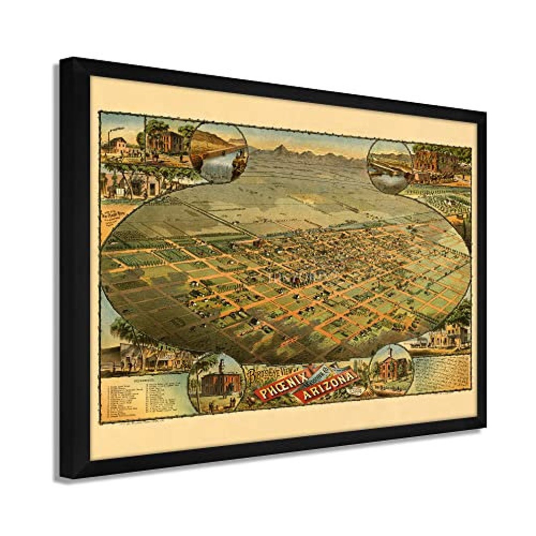 1885 Phoenix Arizona Map - Framed Vintage Phoenix AZ Map - History Map ...
