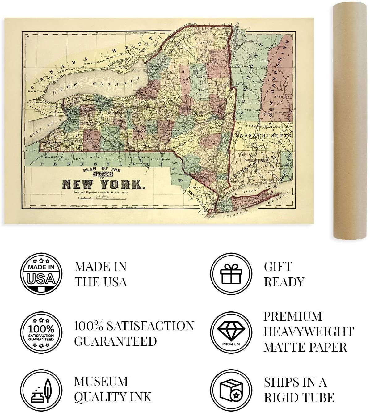 1875 New York State Map - Vintage Map of New York Wall Art - Historic ...