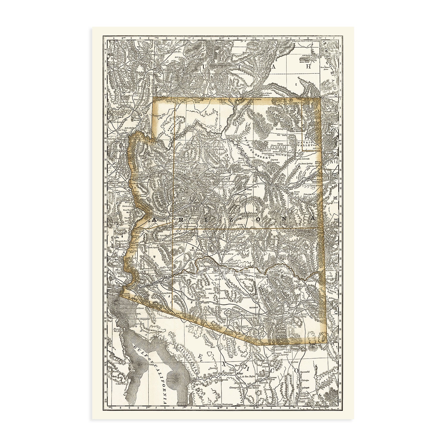 1876 Arizona Map Poster Old Map of Arizona Wall Art Vintage Arizona Map ...