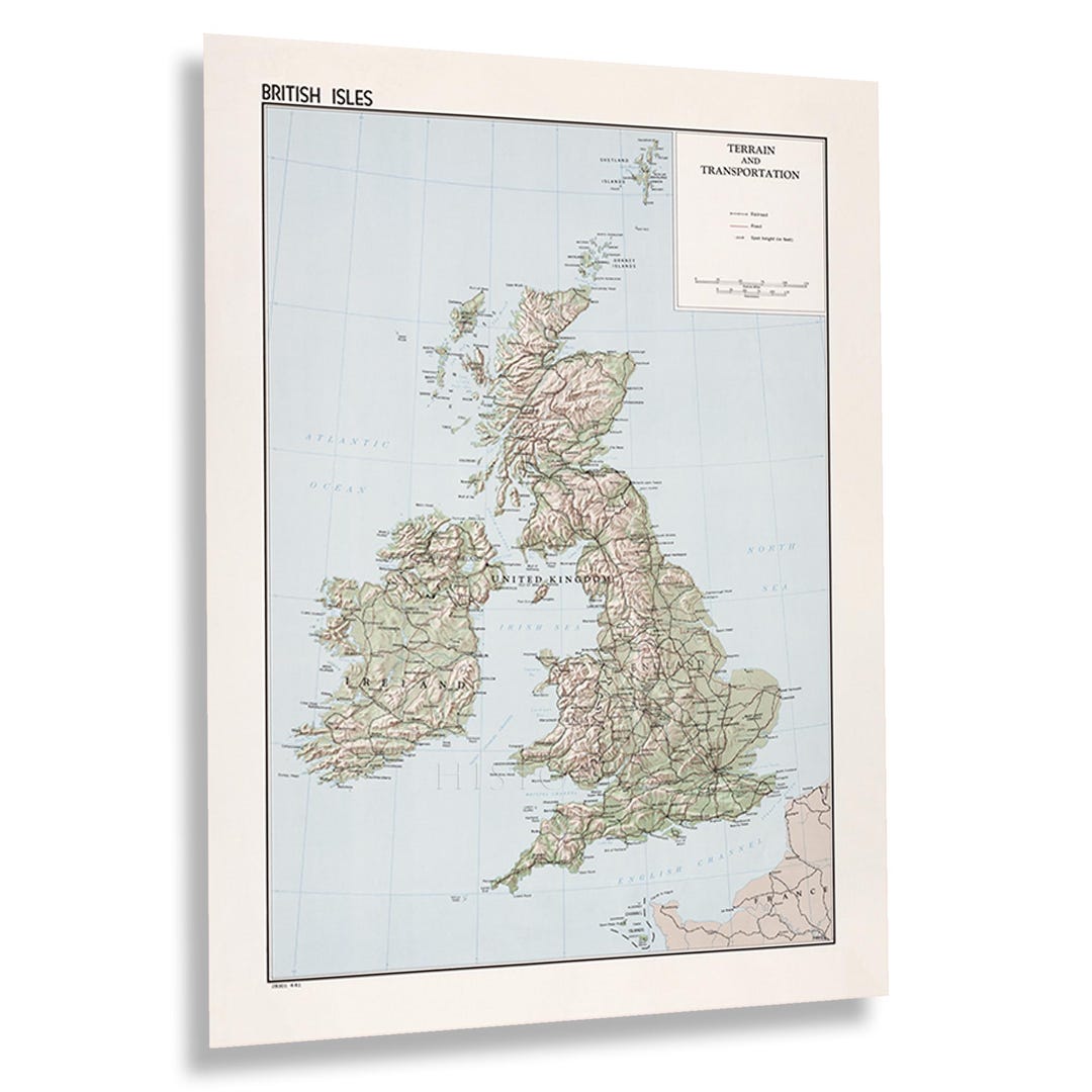 1961 British Isles Map Poster - Vintage Map of British Isles Terrain ...