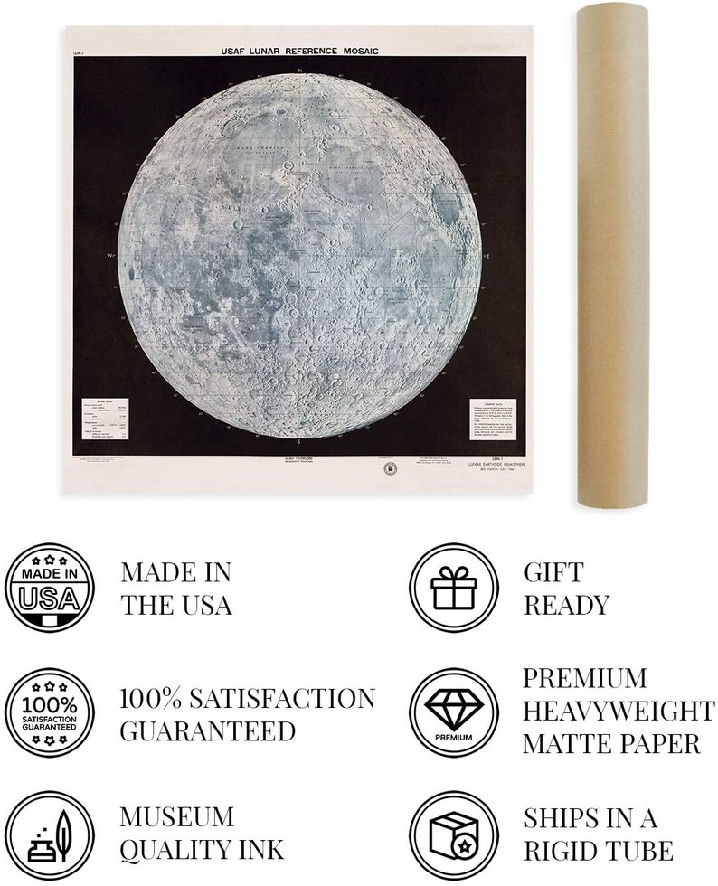 1966 Lunar Moon Map Poster - Lunar Map - Moon Poster Vintage Map With ...