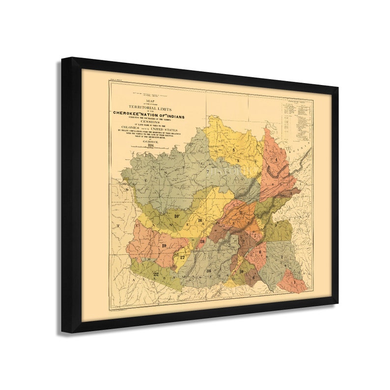1884 Cherokee Nation History Map - Framed Vintage Map of Indian Tribes ...