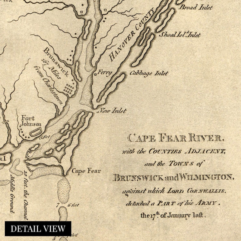1781 Cape Fear River Region Map - Vintage Map of Wilmington and ...