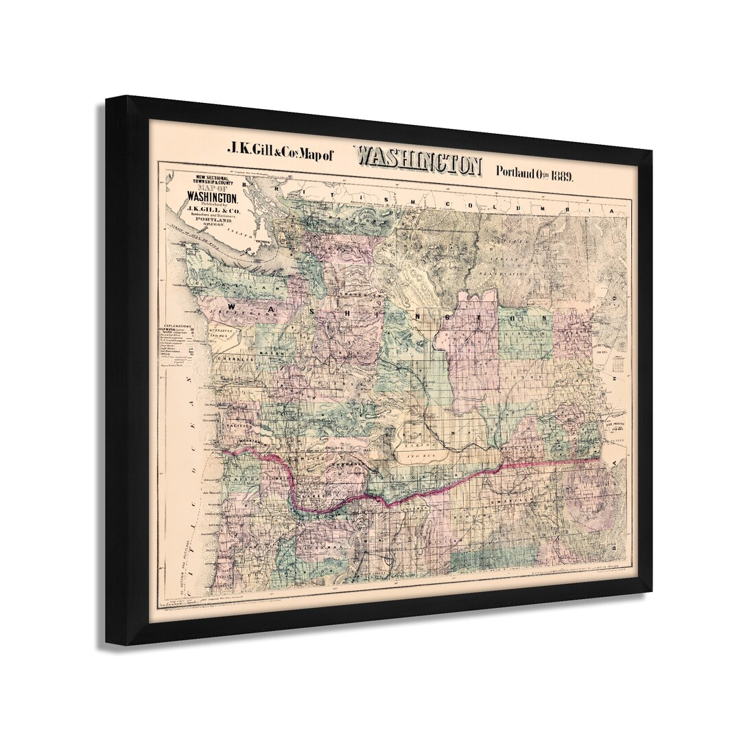 1889 Washington Map Framed Vintage Washington Restored Washington Wall ...