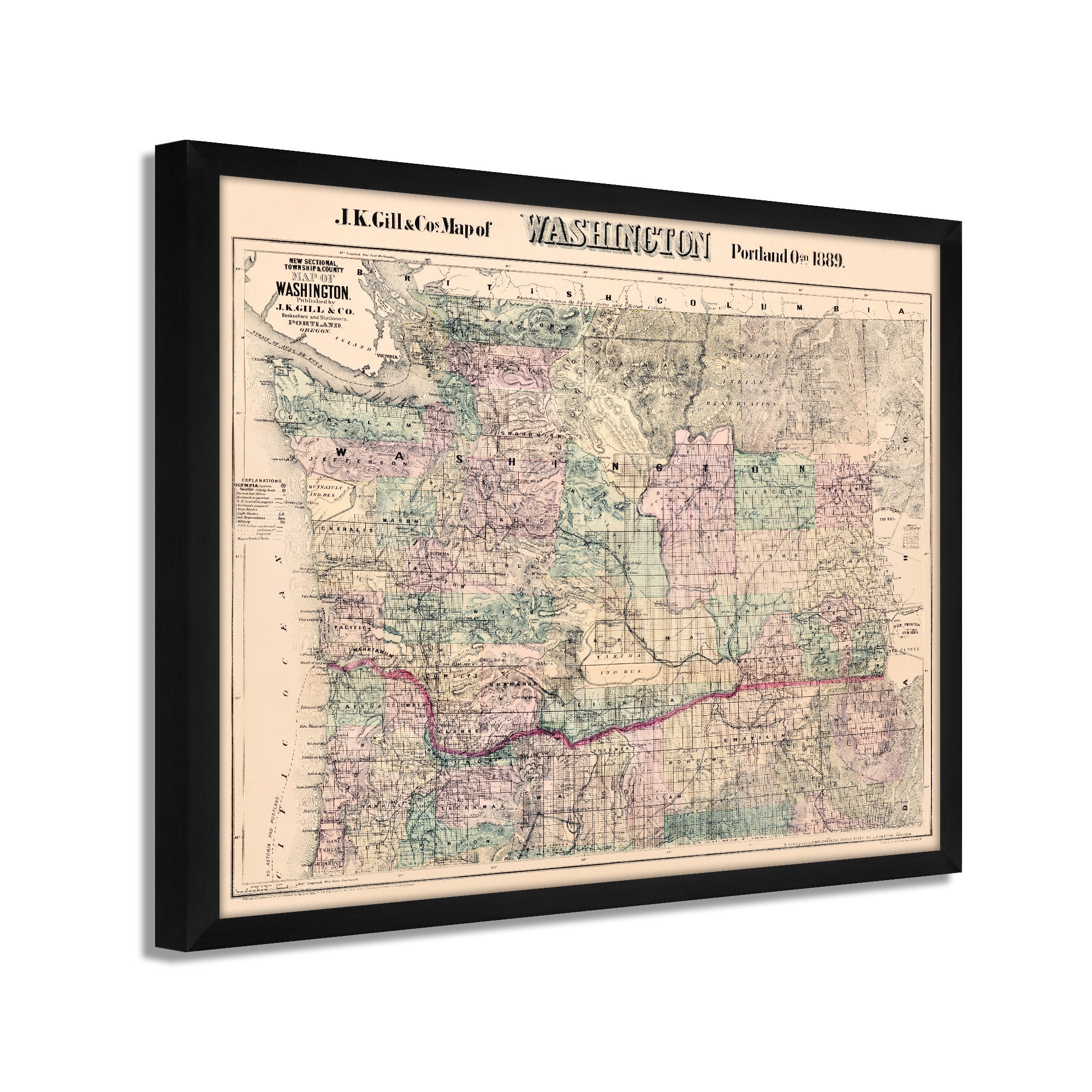 1889 Washington Map Framed Vintage Washington Restored - Etsy