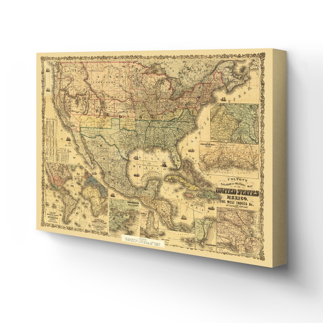 1862 United States Map Art - Canvas Wrap Vintage Map of US - Colton's ...