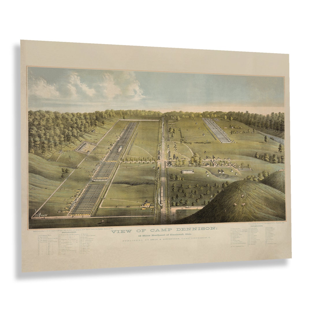 1865 Camp Dennison Map Print - Vintage Bird's Eye View Map of Camp ...