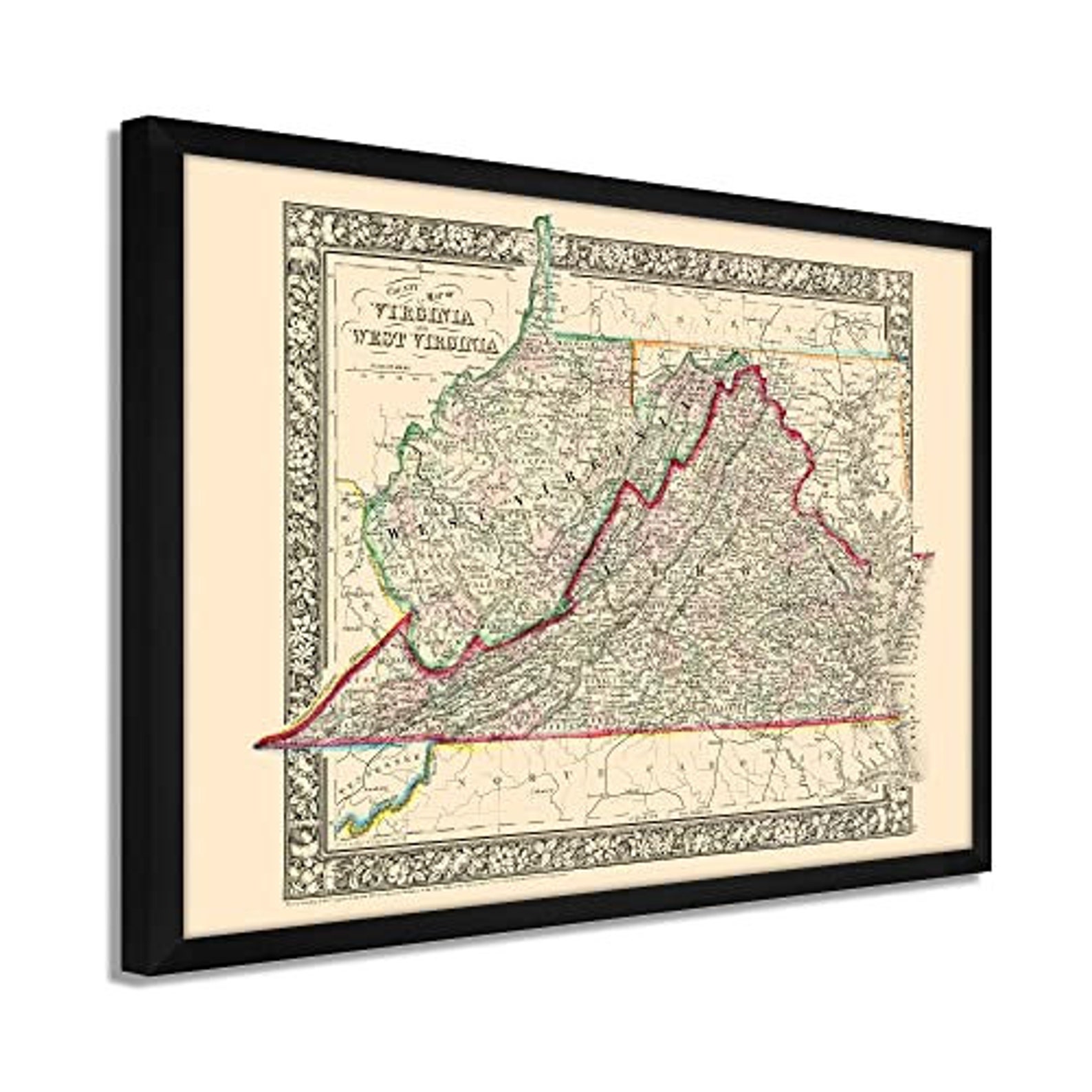 1863 Virginia & West Virginia Map - Framed Vintage Virginia Wall Map ...