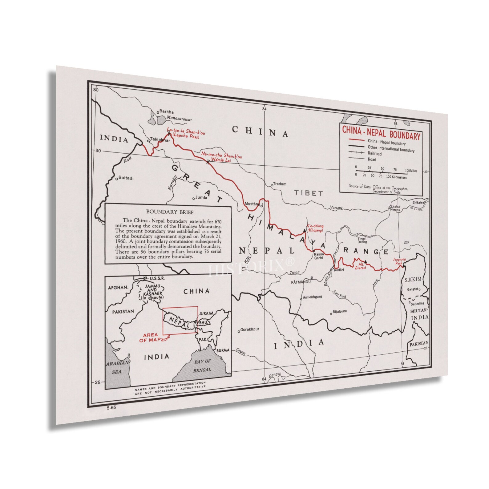 1968 China Nepal Boundary Map Vintage Map of China & Nepal Wall Art ...
