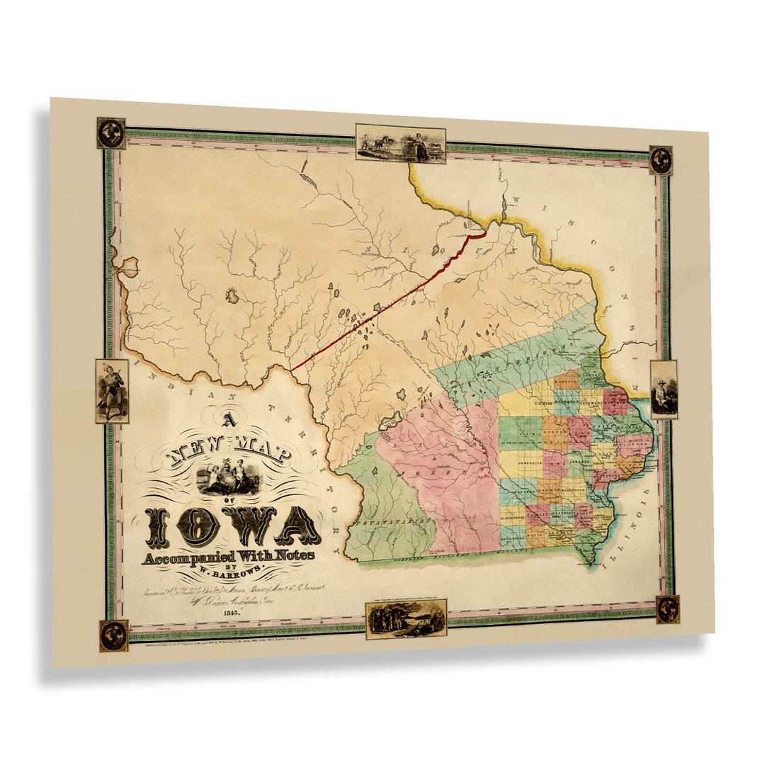 1845 Iowa Map Poster - Vintage Map of Iowa State - Old Map of Iowa ...
