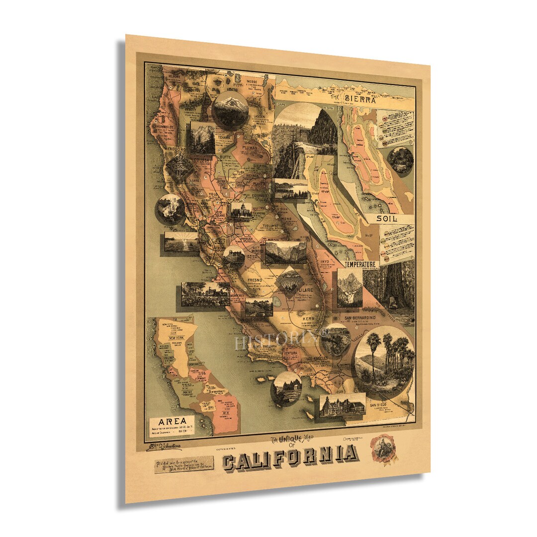1888 California Map Poster - Vintage Map of California Wall Art - State ...