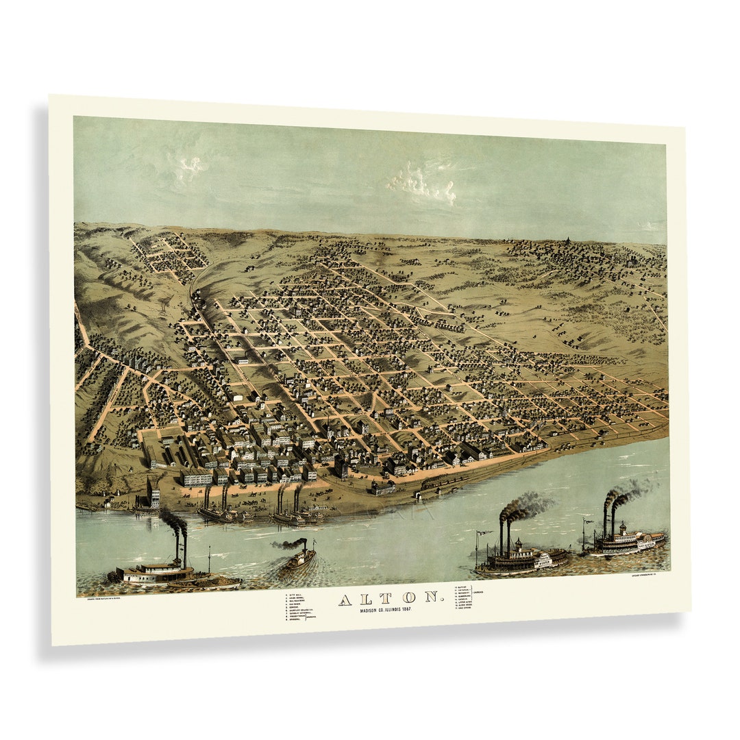 1867 Alton Illinois Map Poster - Bird's Eye View Map of Illinois Poster ...