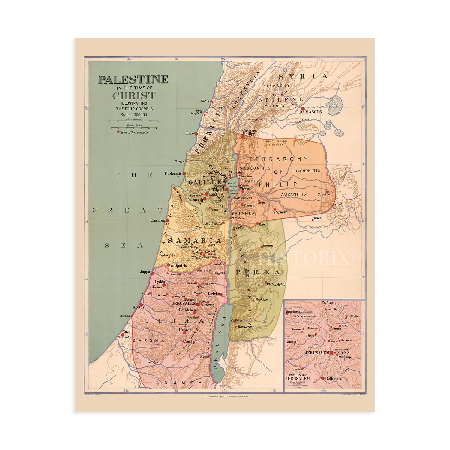 Mapa de Palestina de 1916 en la época de Cristo Cartel del mapa bíblico ...