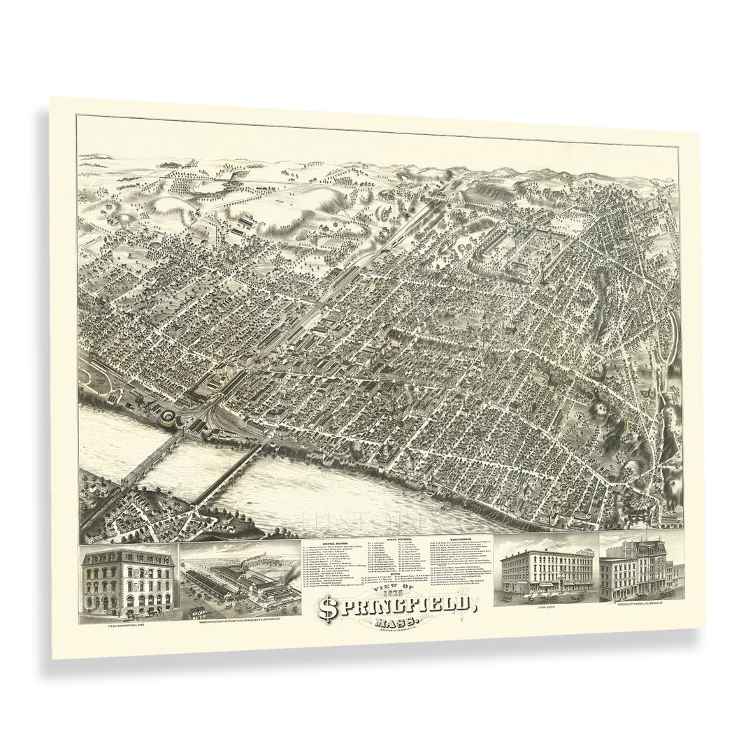 1875 Springfield Massachusetts Map Print - Old Bird's Eye View Map of ...