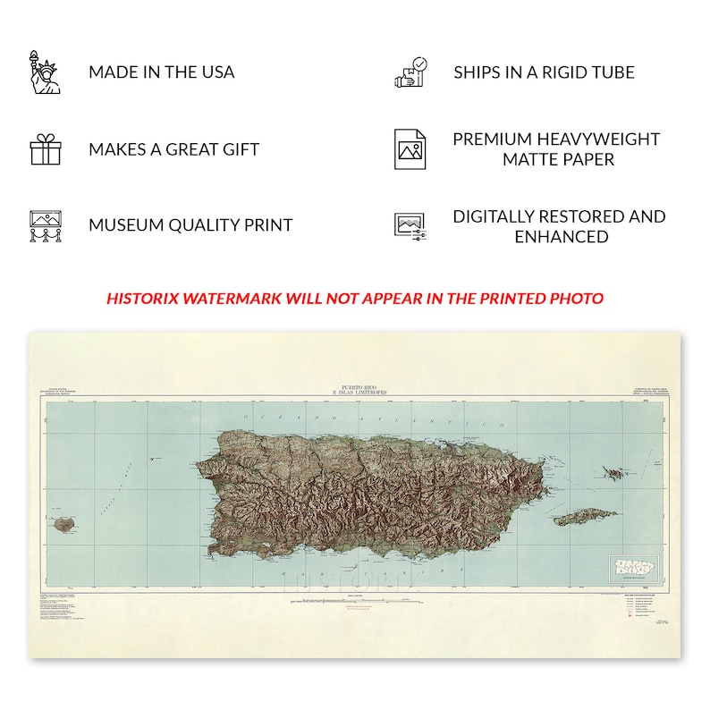 1952 Puerto Rico Map Poster - Vintage Wall Map of Puerto Rico E Islas ...