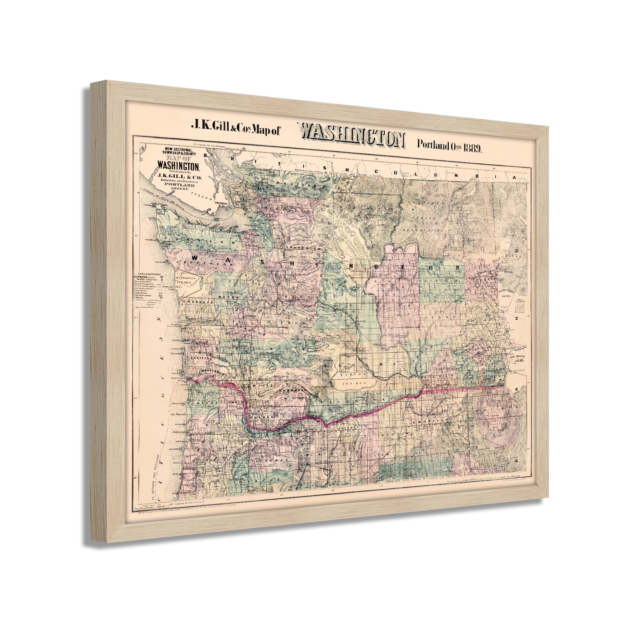 1889 Washington Map Framed Vintage Washington Restored - Etsy