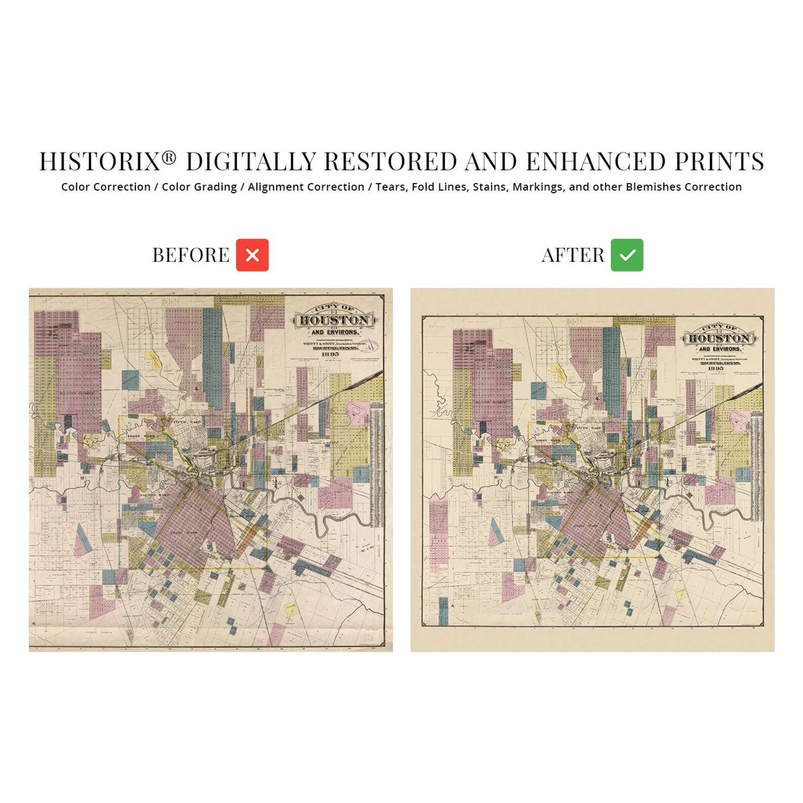 1895 Houston City Map - Old Houston Texas Map - History Map of Houston ...
