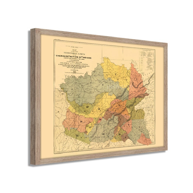 1884 Cherokee Nation History Map - Framed Vintage Map of Indian Tribes ...