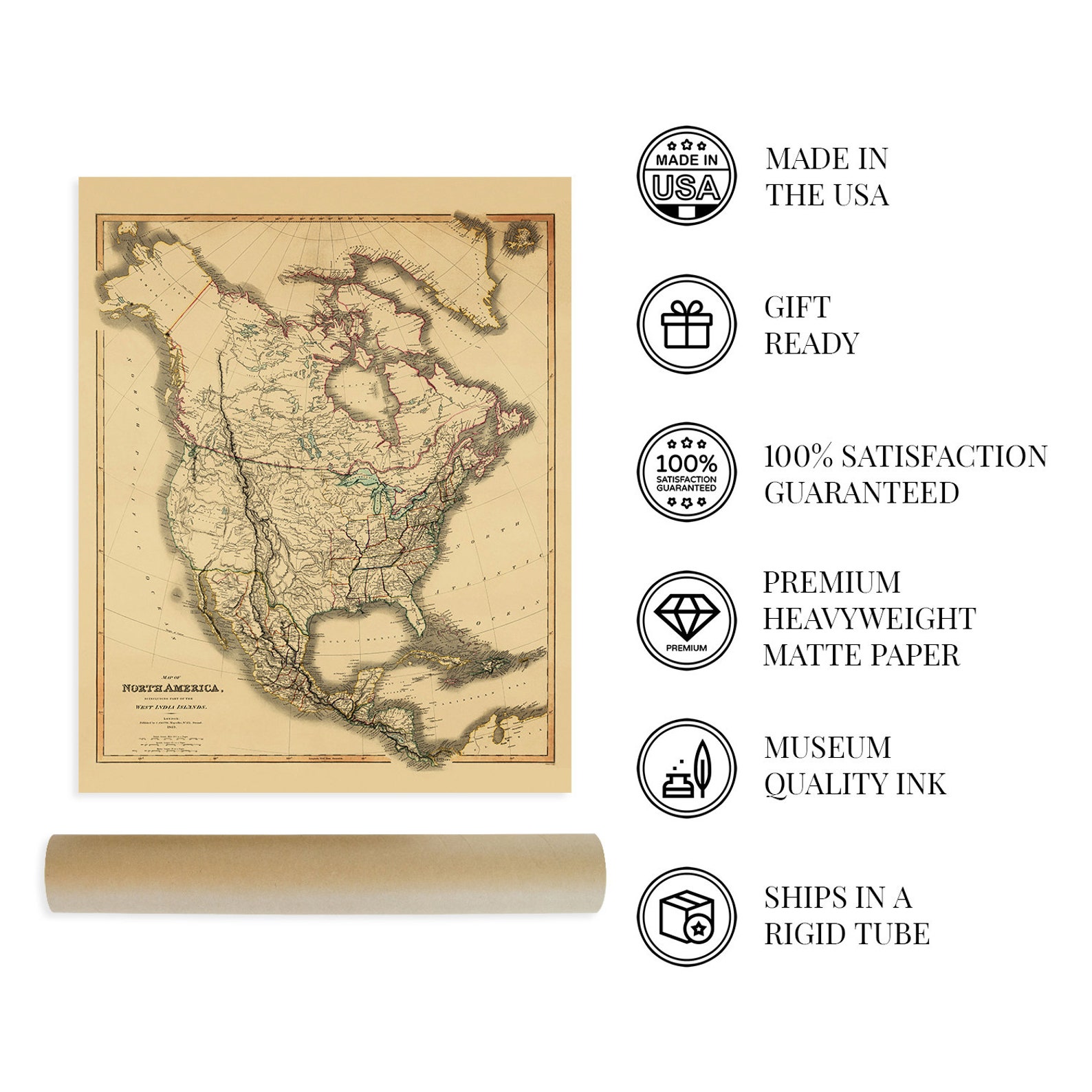 1849 Map of North America Vintage Wall Map of North America Old North ...