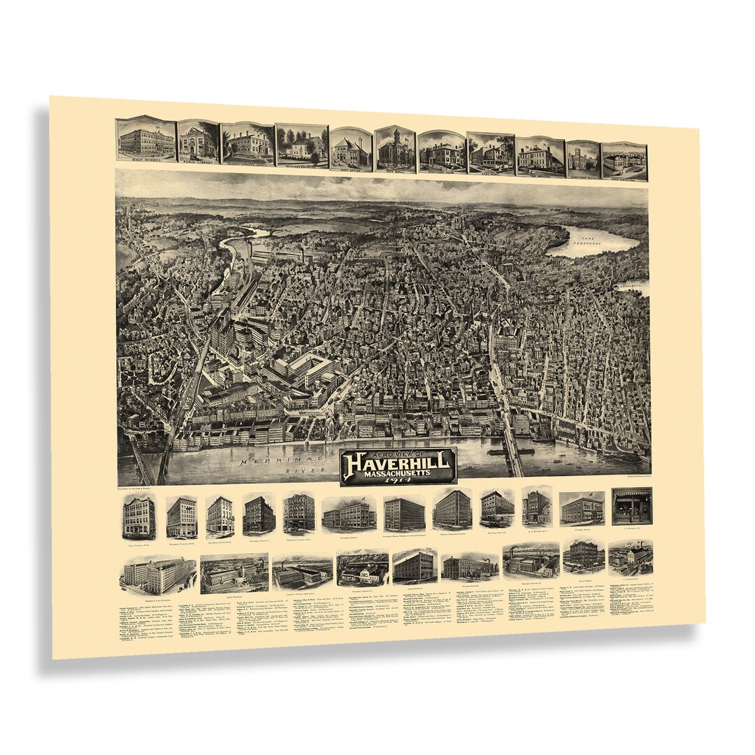 1914 Haverhill Massachusetts Map Poster - Aero View of Haverhill ...
