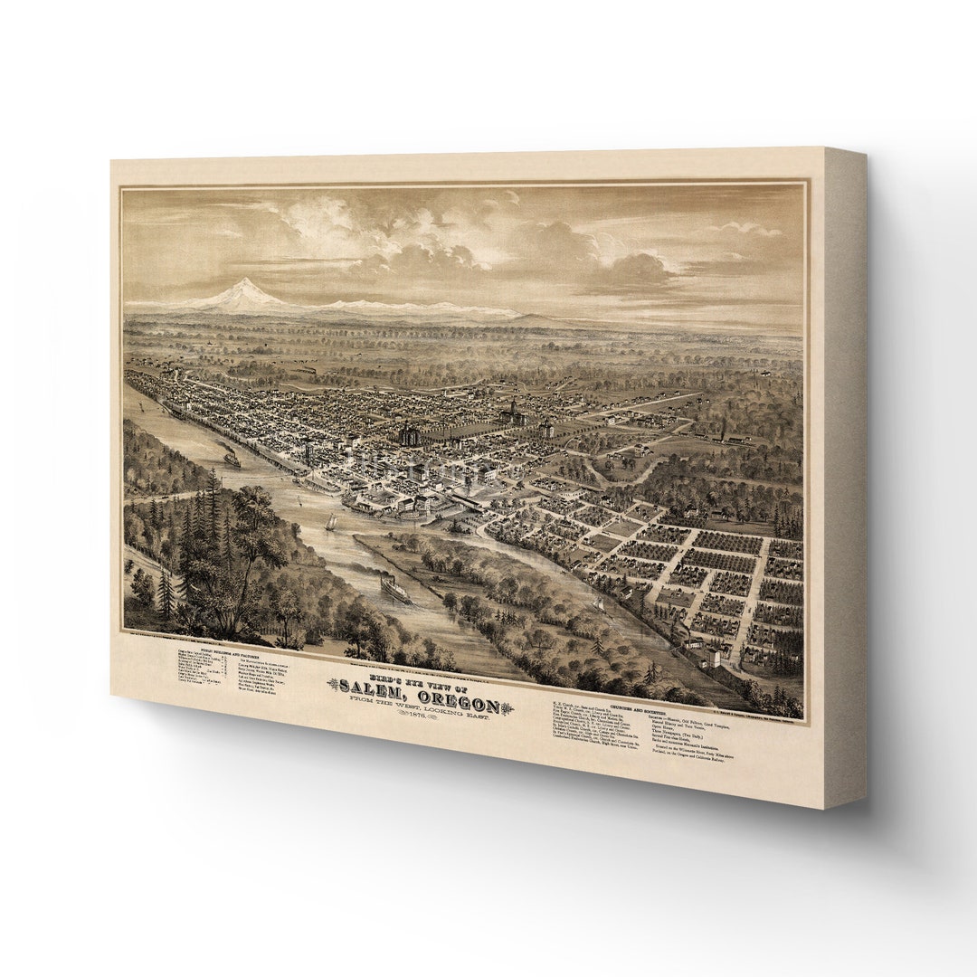 1876 Salem Oregon Map - Canvas Wrap Vintage Map of Oregon - Bird's Eye ...