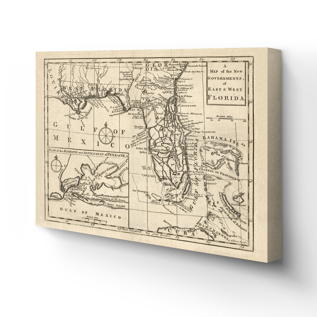 1763 Florida Map Canvas Art - Canvas Wrap Vintage Florida Map - the New ...