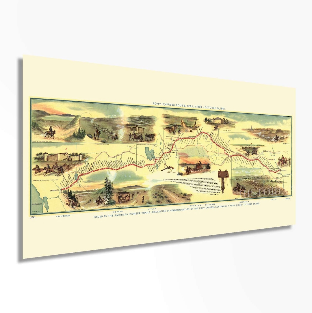 1960 Pony Express Map - Vintage Pony Express Poster - Old Pony Express ...