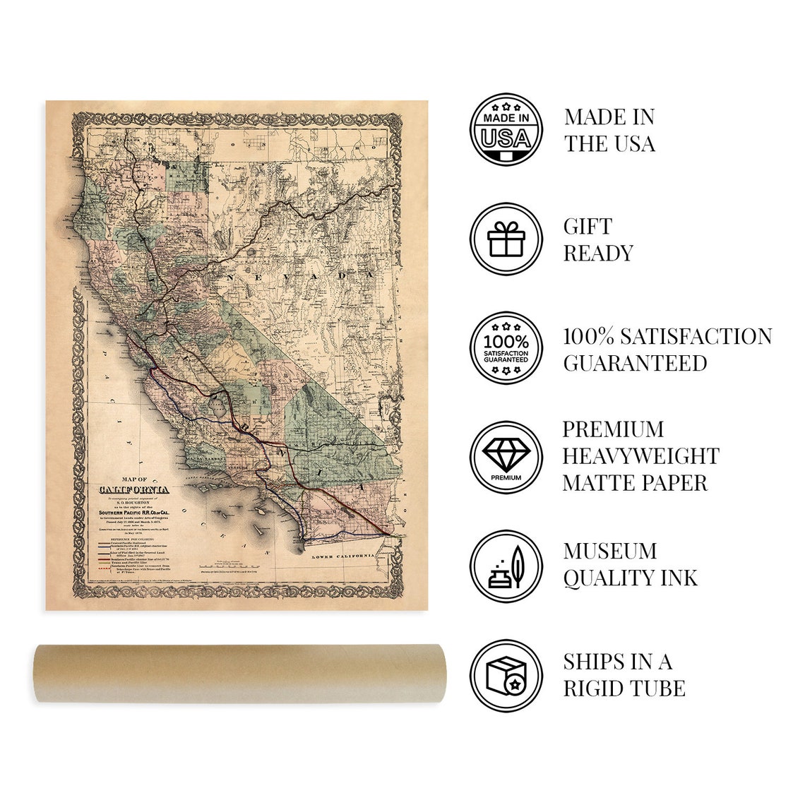 1876 Map of California - Vintage Map Wall Art - Map of California ...