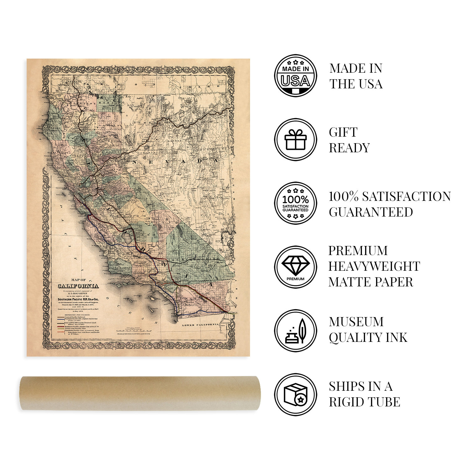 1876 Map of California - Vintage Map Wall Art - Map of California ...