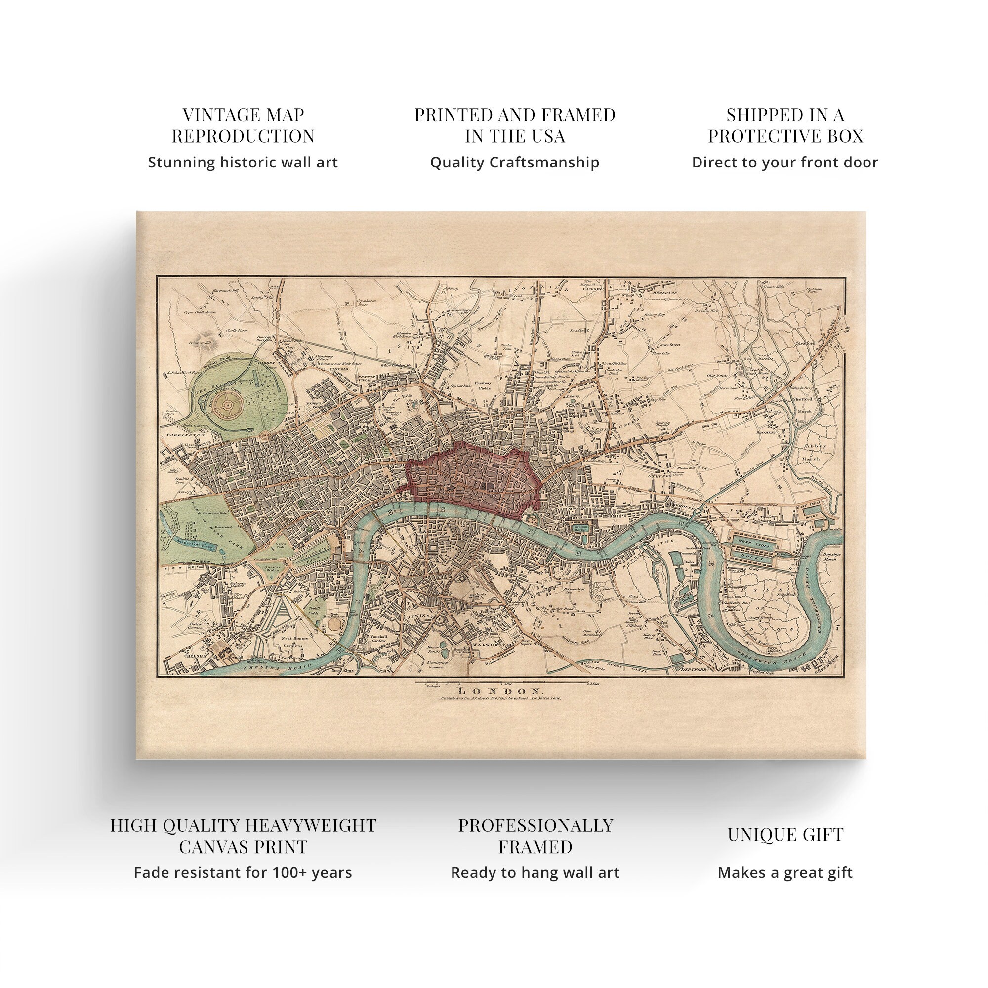 1815 City of London Map - Canvas Wrap Vintage London Wall Map- History ...