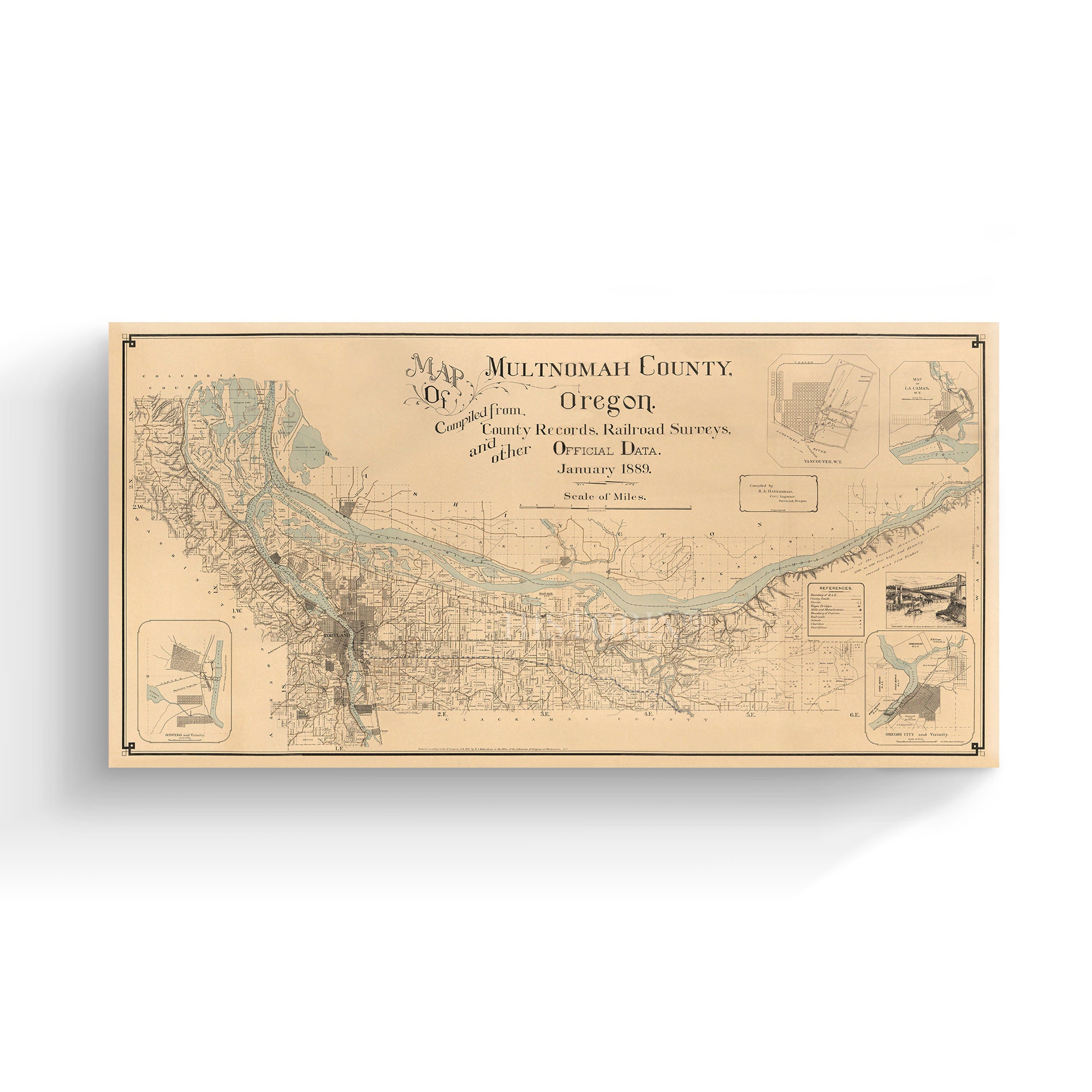 1889 Multnomah County Map Canvas Art Canvas Wrap Vintage - Etsy