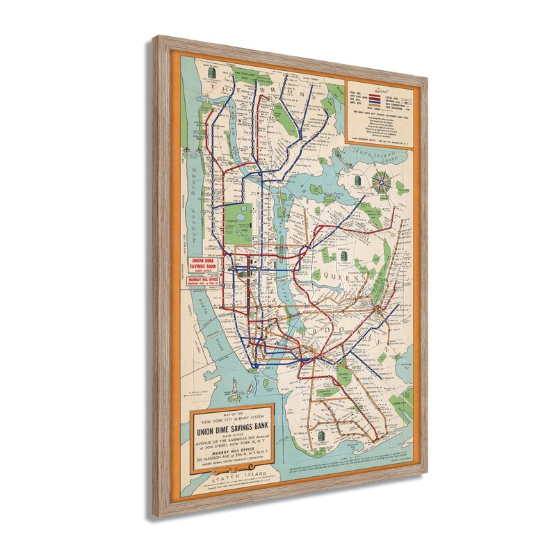 1954 New York City Subway Map Framed Vintage Subway Map of - Etsy