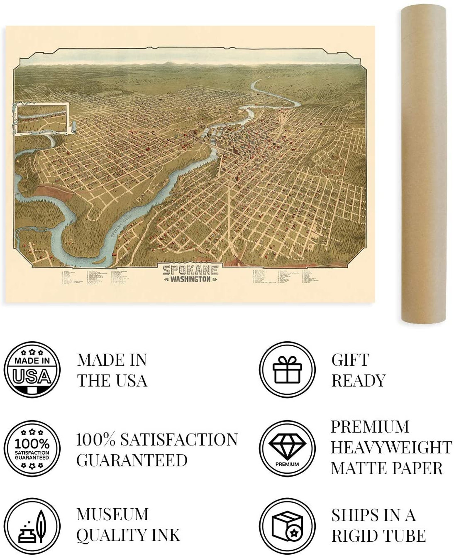 1905 Spokane Washington Map - Vintage Spokane Wall Art - Old Spokane ...
